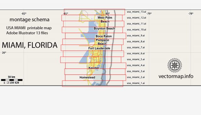 Miami Florida US printable Atlas 13 parts vector street map, full ...