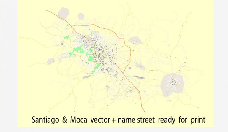 Santiago & Moca Dominicana street vector map printable and editable in ...