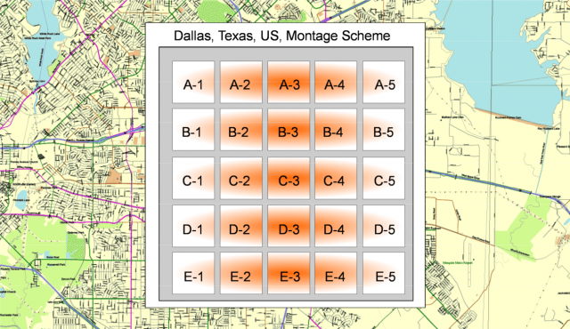 Dallas + Fort Worth Texas US printable Atlas 25 parts vector street map ...