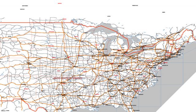 US map vector 01 02 major roads, states, cities + relief, GPS ...