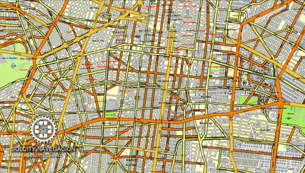 Mexico City vector map in Adobe Illustrator, full with streets 033 with ...