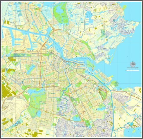 Amsterdam, Netherlands, printable vector street City Plan map, full ...