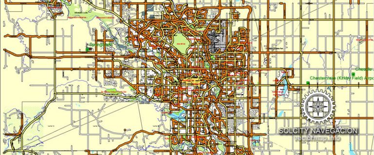 Calgary Printable SVG Map, Canada, exact City Plan 2000 meters scale ...