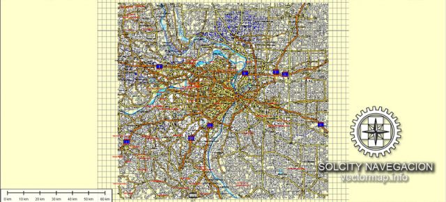 Saint Louis Missouri US printable vector street map: Atlas 25 parts ...