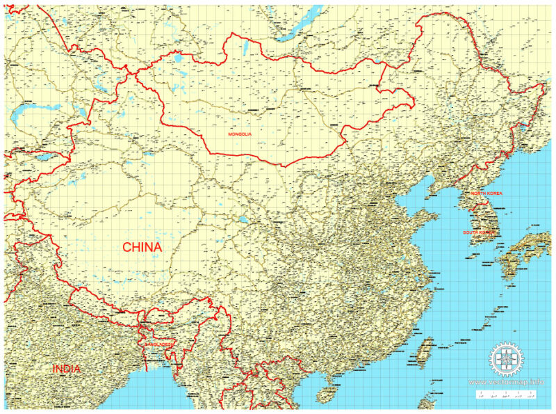 China: Free vector map China + Mongolia + North Korea + South Korea ...