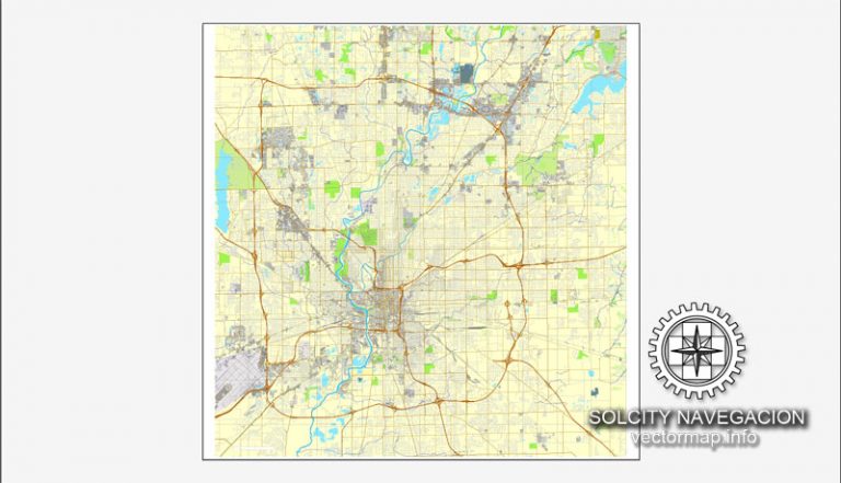 Indianapolis, Indiana, US printable vector street City Plan map, full ...