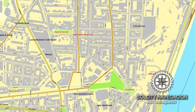 Lyon, France printable vector street City Plan map, full editable ...