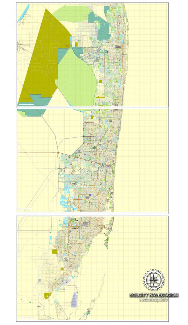 Miami Florida US printable vector street map: City Plan in 3 parts ...