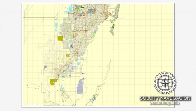 Miami, Florida, US printable vector street City Plan map 3 parts, full ...