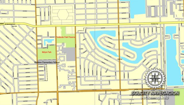 Miami, Florida, US printable vector street City Plan map 3 parts, full ...
