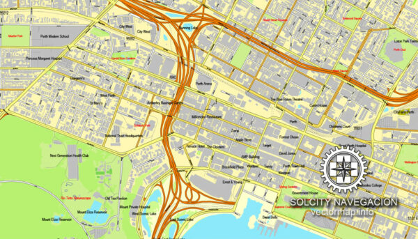 Perth, Australia, printable vector street City Plan map, full editable ...