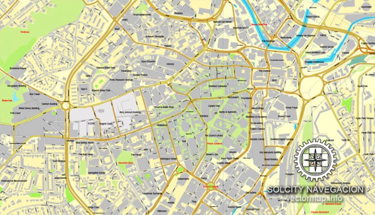 Sheffield UK Great Britain printable vector street map: City Plan full ...