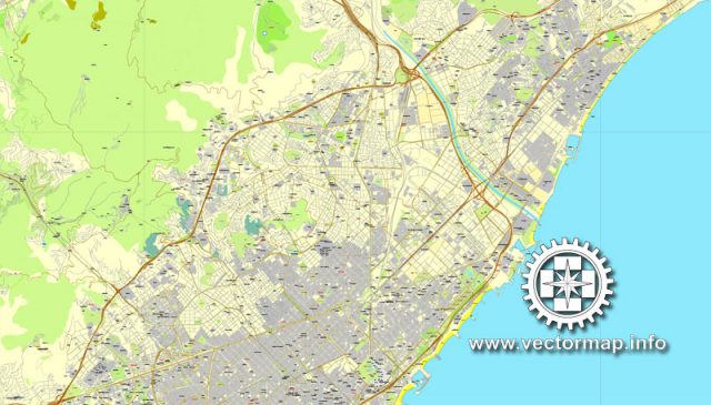 Barcelona, Spain, printable vector street City Plan map, full editable ...