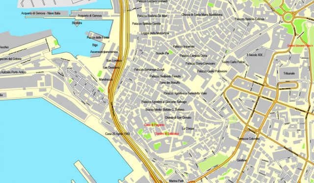 Genova / Genoa, Italy, printable vector street map City Plan, full ...