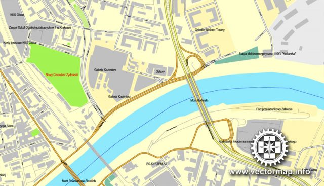 Krakow, Poland, printable vector street map, City Plan, full editable ...