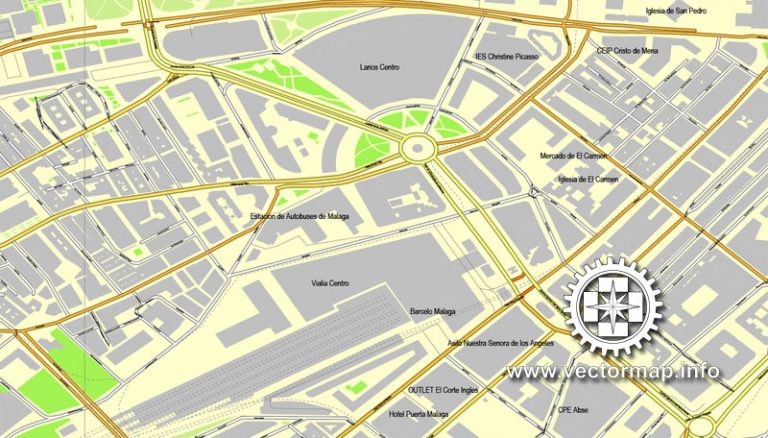 Malaga, Spain, printable vector street City Plan map, full editable ...
