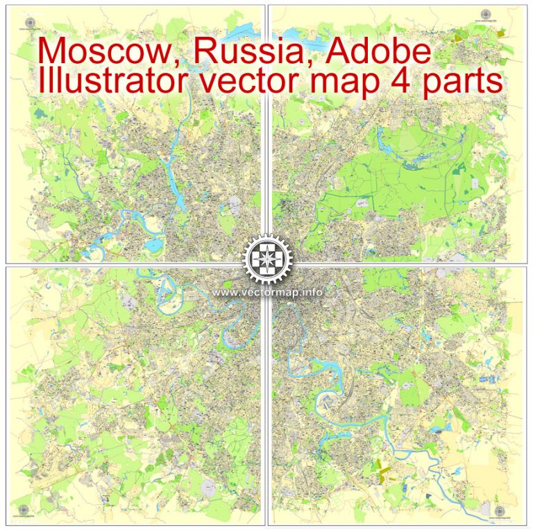 Москва Moscow, Russia, printable vector street City Plan map in 4 parts ...