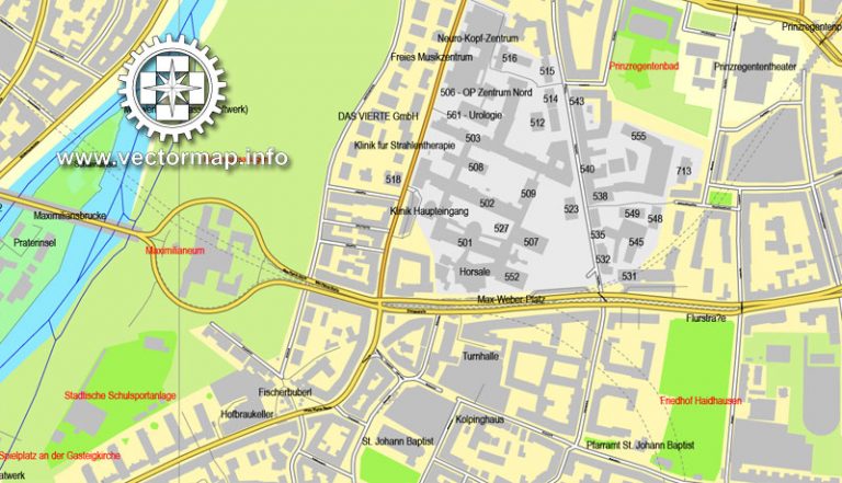 Munich Munchen, Germany, printable vector street City Plan map, full ...