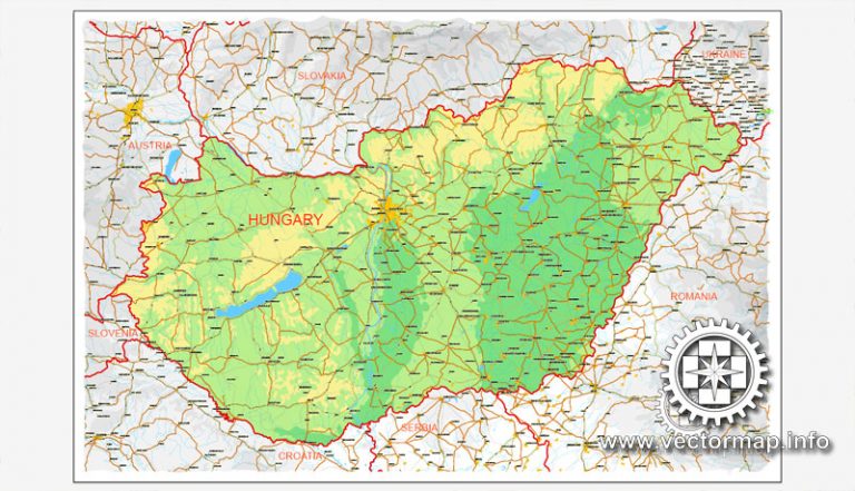 Hungary, printable vector Relief Counrty map, GPS correct Mercator ...