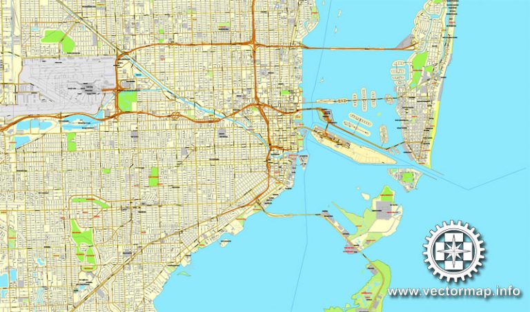 Miami, Florida, US printable vector street City Plan map 4 parts, full ...