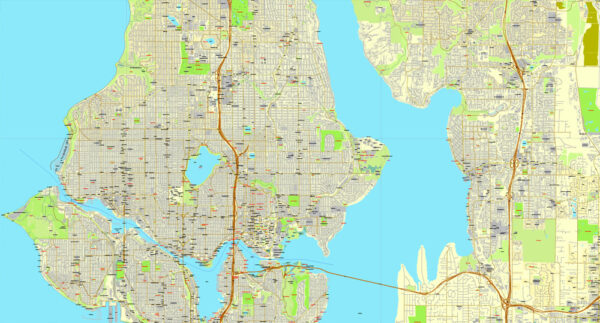 Seattle Map Vector state Washington US printable City Plan 3 parts full ...