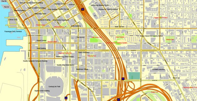 Seattle Map Vector state Washington US printable City Plan 3 parts full ...