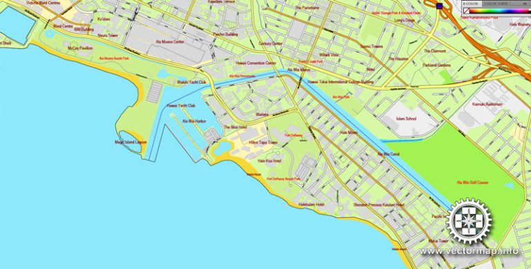 Honolulu, Oahu, Hawaii, printable vector street map, City Plan, fully ...