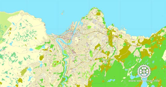 Trondheim, Norway, printable vector street map, City Plan, fully ...