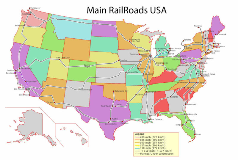 02 US RailRoads: Free Vector Map US RailRoads, Adobe Illustrator, PDF ...