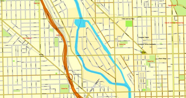 Chicago, Illinois, US, printable exact vector map in Adobe PDF ...