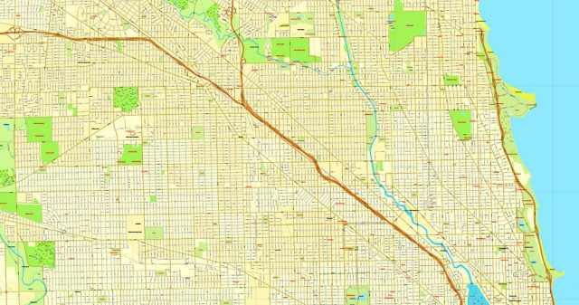 Chicago, Illinois, US, printable exact vector map in Adobe PDF ...