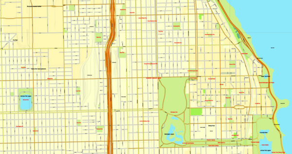 Chicago, Illinois, US, printable exact vector map in Adobe PDF ...