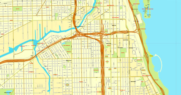 Chicago, Illinois, US, printable exact vector map in Adobe PDF ...