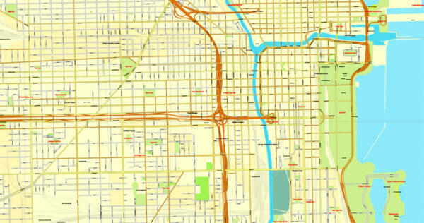 Chicago, Illinois, US, printable exact vector map in Adobe PDF ...