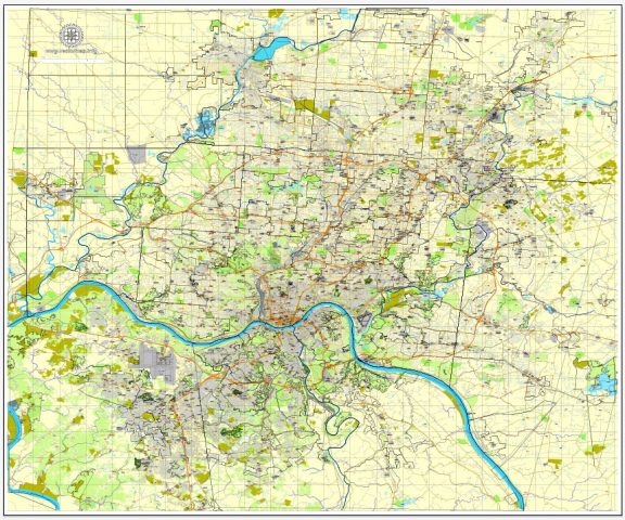 Cincinnati, Ohio, US, vector map Adobe PDF editable City Plan V3, full ...