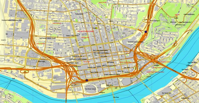 Cincinnati, Ohio, US, vector map Adobe PDF editable City Plan V3, full ...