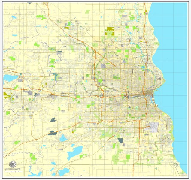 Milwaukee, Wisconsin, US, vector map Adobe PDF editable City Plan V3 ...