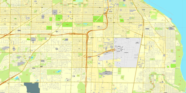 Milwaukee, Wisconsin, US, vector map Adobe Illustrator editable City ...