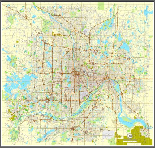Minneapolis + St. Paul, Minnesota, US, printable vector street City ...