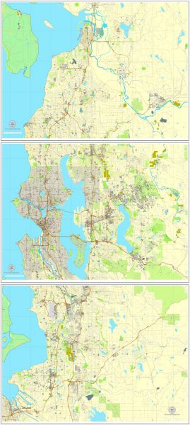 Seattle Map Vector state Washington US printable City Plan 3 parts full ...