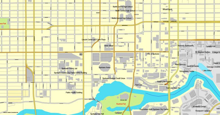 Spokane, Washington, US printable vector street City Plan map, full ...