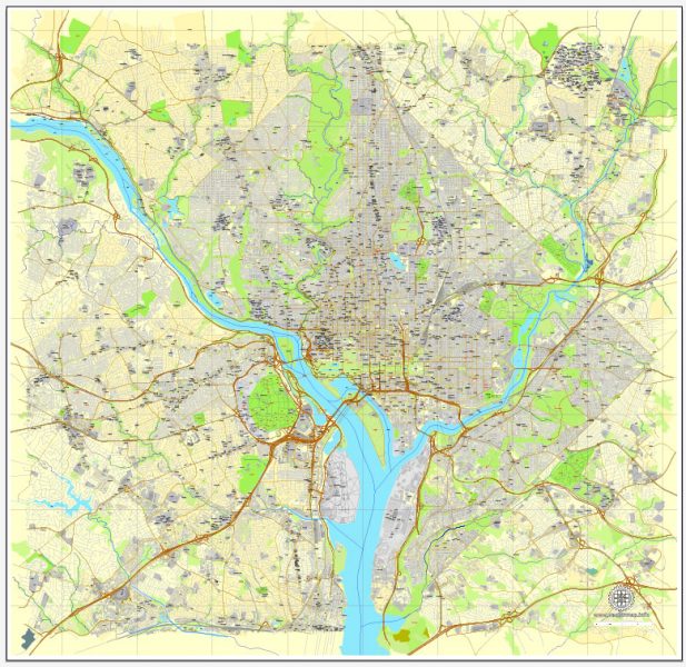 Washington DC Printable Map, US, exact vector street City Plan Layered ...