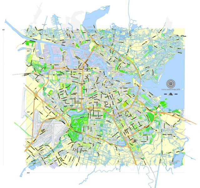 Amsterdam, Netherlands, printable vector street Simple City Plan map ...