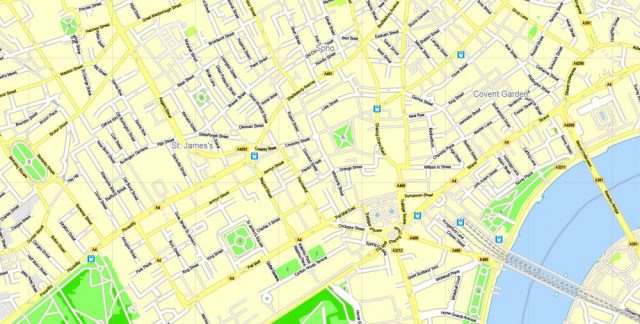 London Center Map, England UK, printable vector map Adobe PDF editable ...