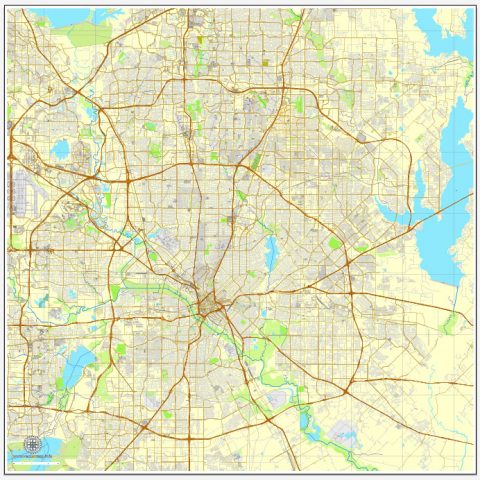 Dallas, Texas, US printable vector street City Plan map, full editable ...