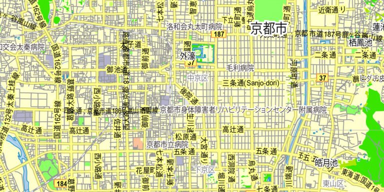 Kyoto, Japan, printable exact vector map G-View level 13 (2,000 meters ...