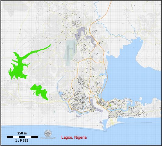 Lagos, Nigeria, printable exact vector map G-View level 16 (250 meters ...