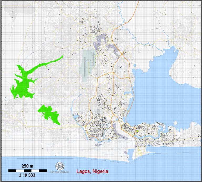 Lagos, Nigeria, printable exact vector map G-View level 16 (250 meters ...