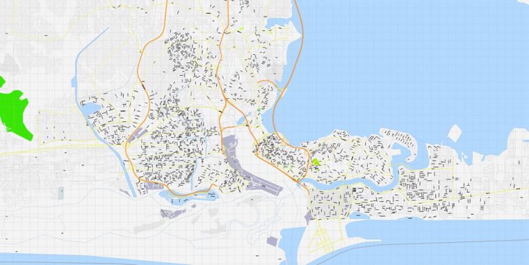 Lagos, Nigeria, printable exact vector map G-View level 16 (250 meters ...