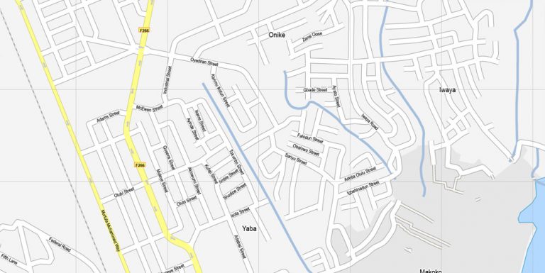 Lagos, Nigeria, printable exact vector map G-View level 16 (250 meters ...